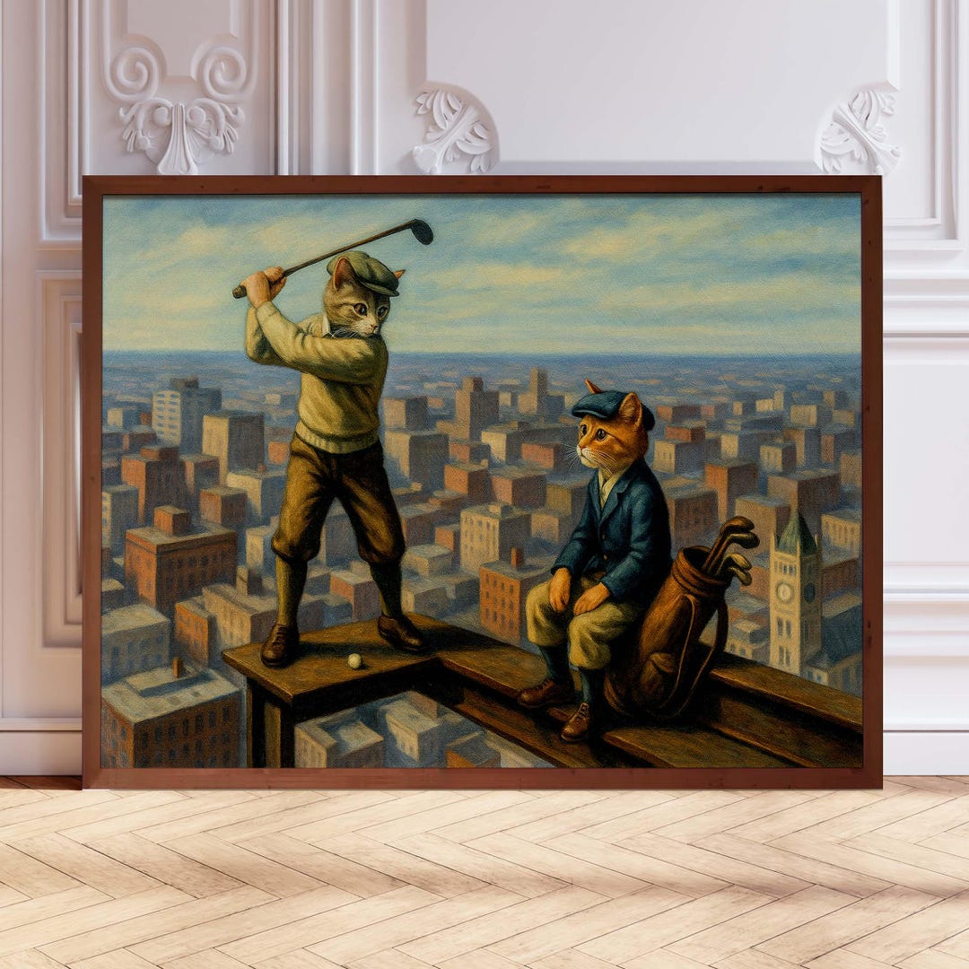 Funny Cat Playing Golf Art, Fun Animal Painting, Sport Wall Decor for ...