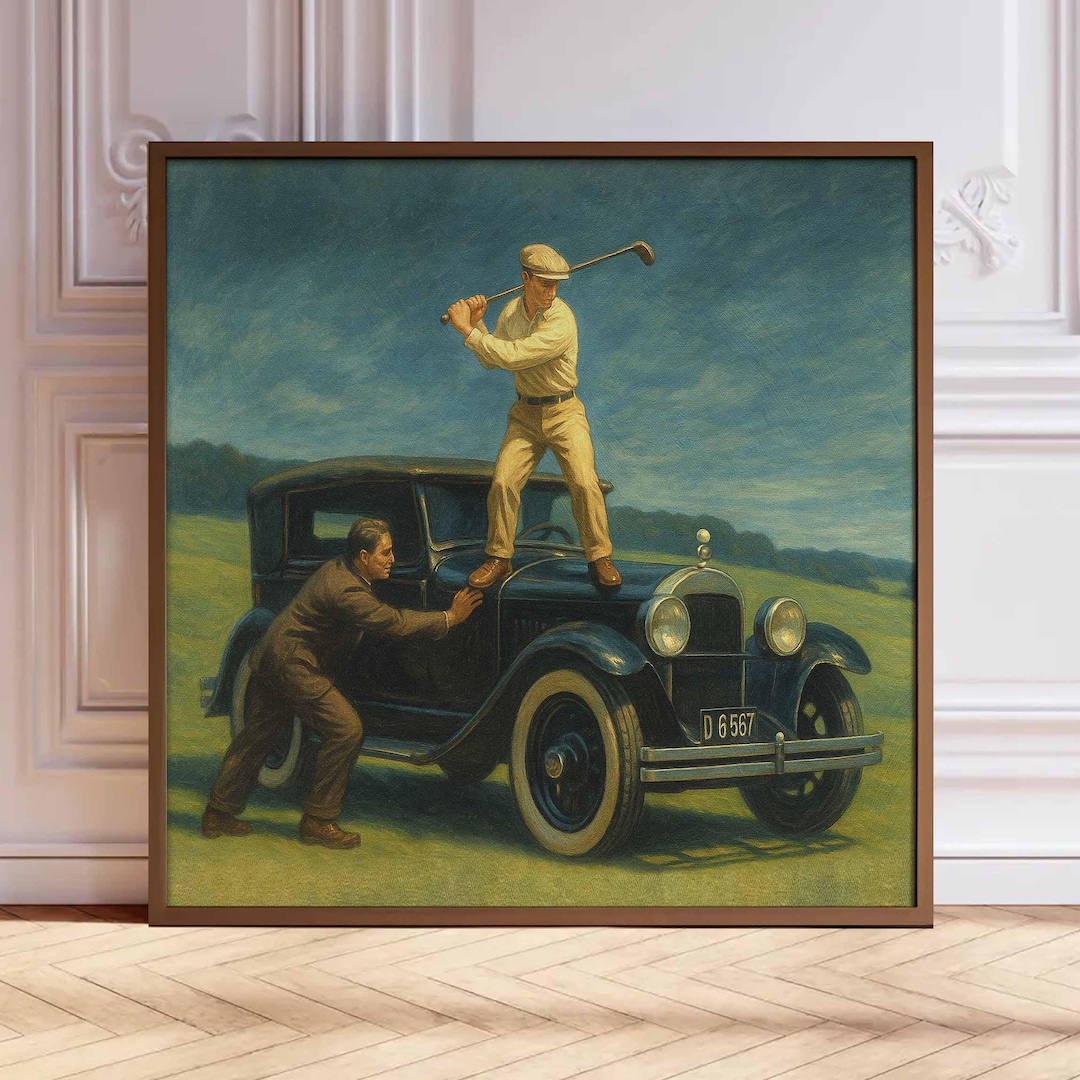 Pastel Wall Art Landscape Vintage Golf Art Print: Golfer on Car - Etsy