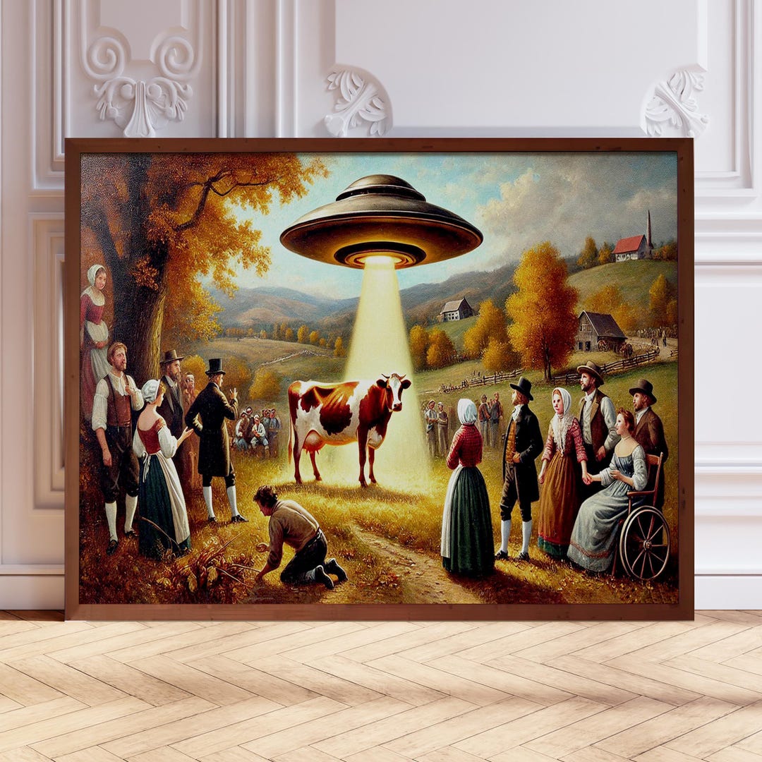 UFO Cow Abduction Vintage Art Print, Retro Sci-fi Folk Painting, Alien ...