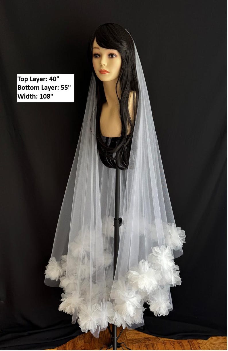 3D Floral Wedding Veil With Blusher: 2 Tier Floral Bridal Veil - Etsy