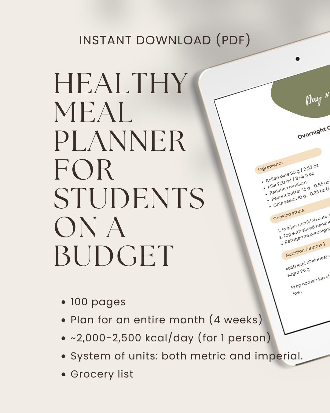 Budget Meal Planner for Students | Easy Recipes (PDF) - Etsy