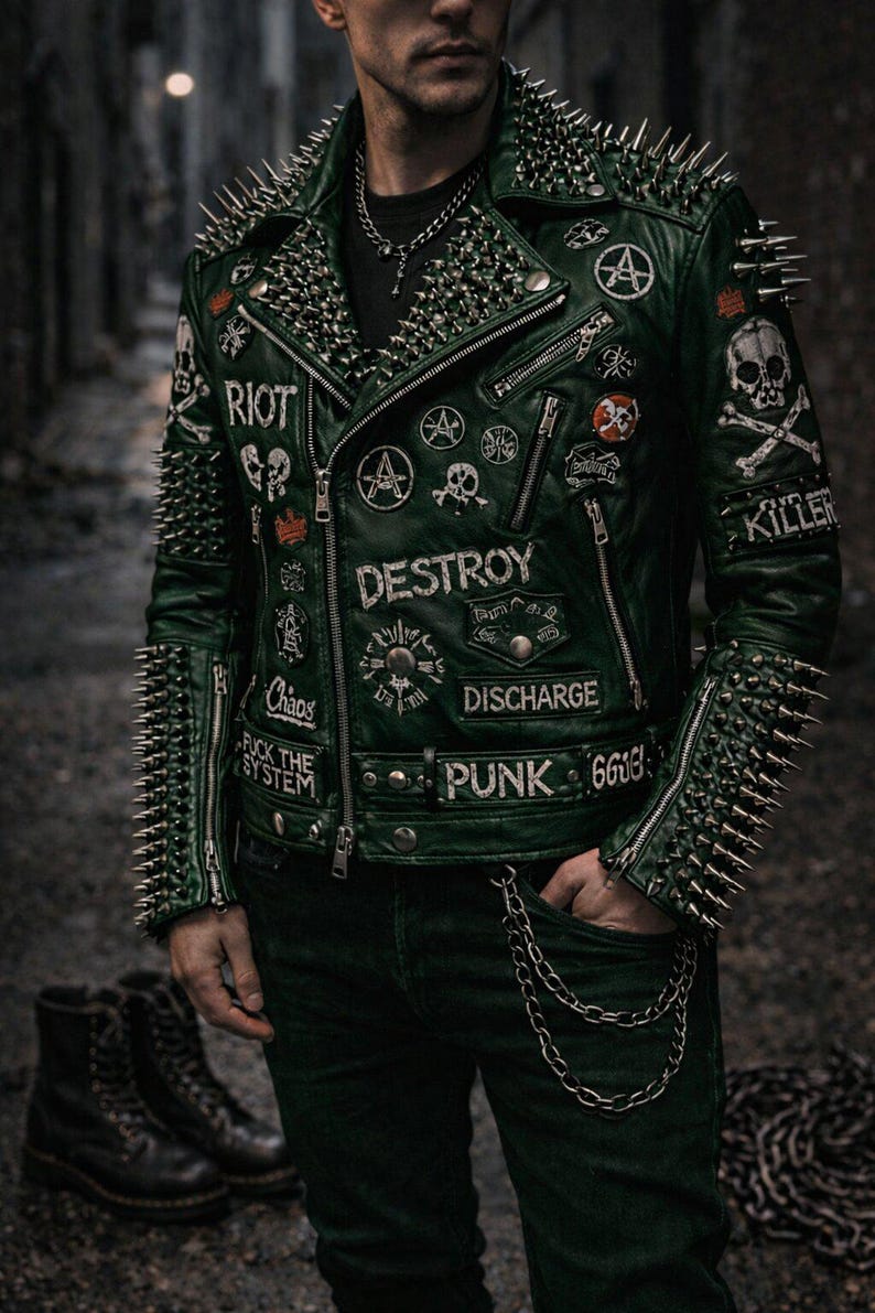 Patches Studded Leather Jacket Punk Spiked Biker Skull Gothic Handmade ...