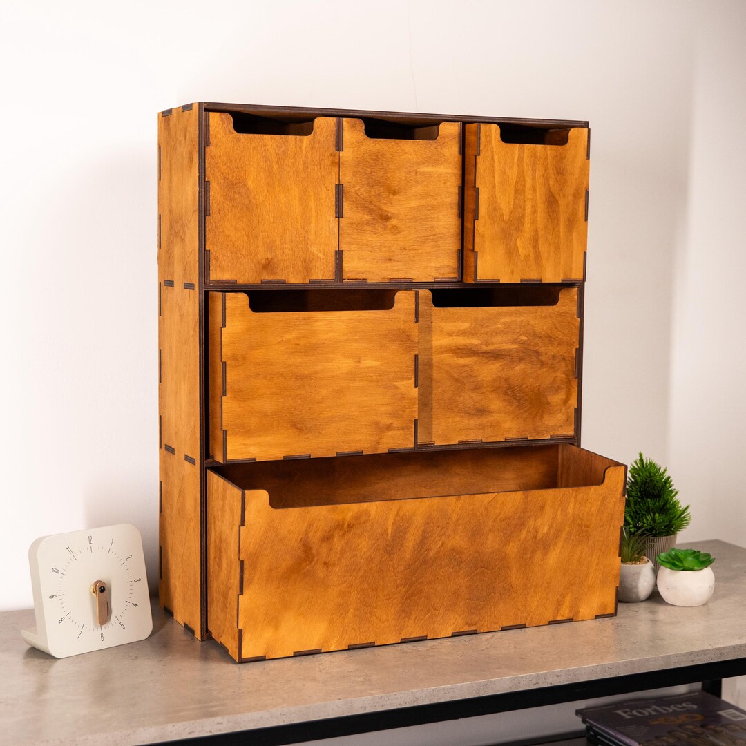 Wood Desk Organizer With Drawer, Desktop Storage Box, Small Desktop ...