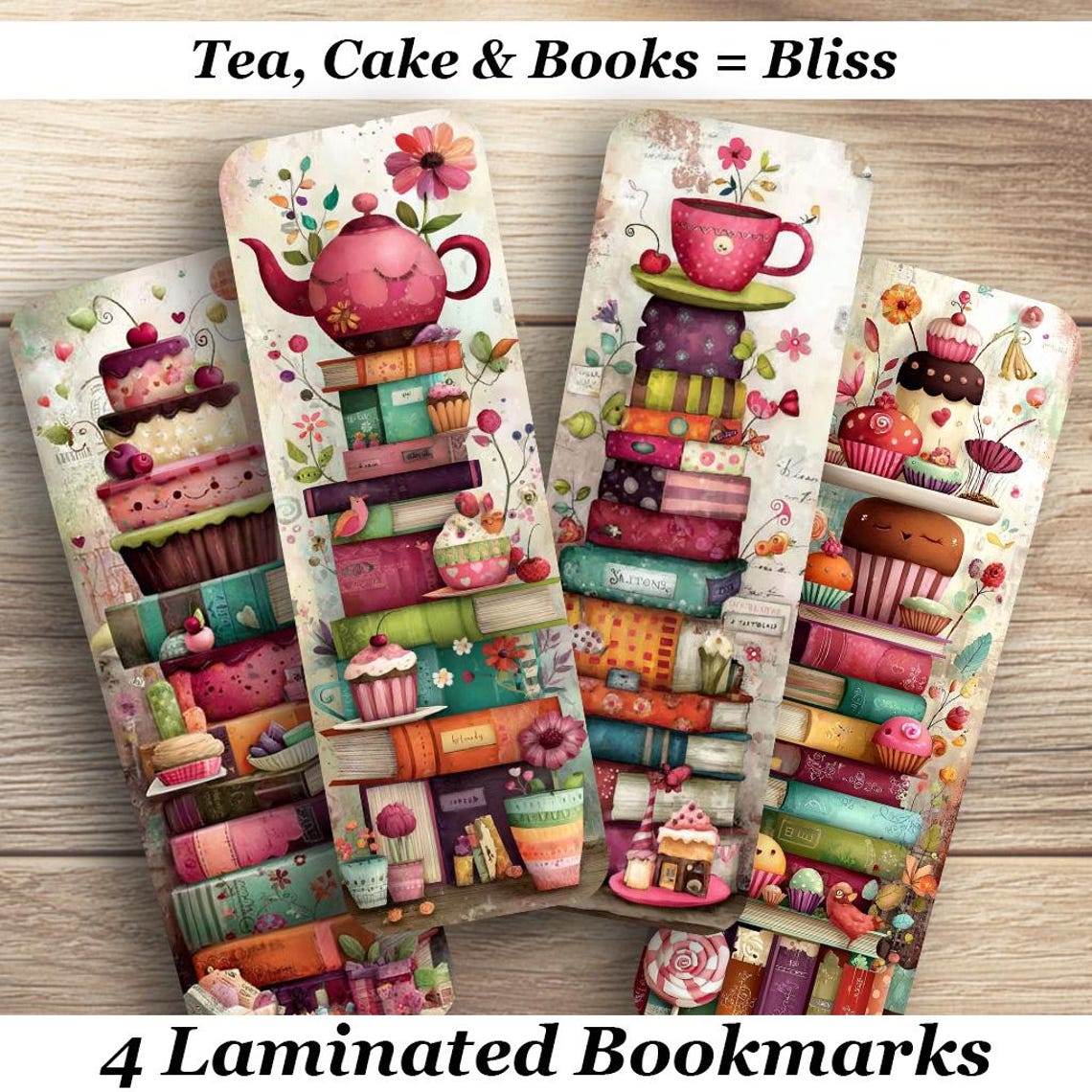 Tea + Cake + Books = Bliss Laminated Bookmarks. Set of 4 Whimsical Book ...