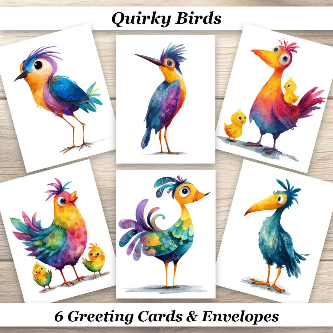 Quirky Birds Blank Cards. Set of 6 Different Designs. Whimsical Bird ...
