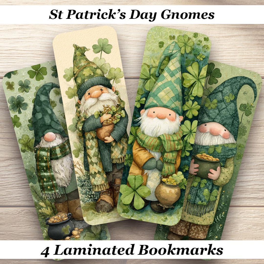 St Patrick's Day Gnomes Laminated Bookmarks. Set of 4 Different Designs ...