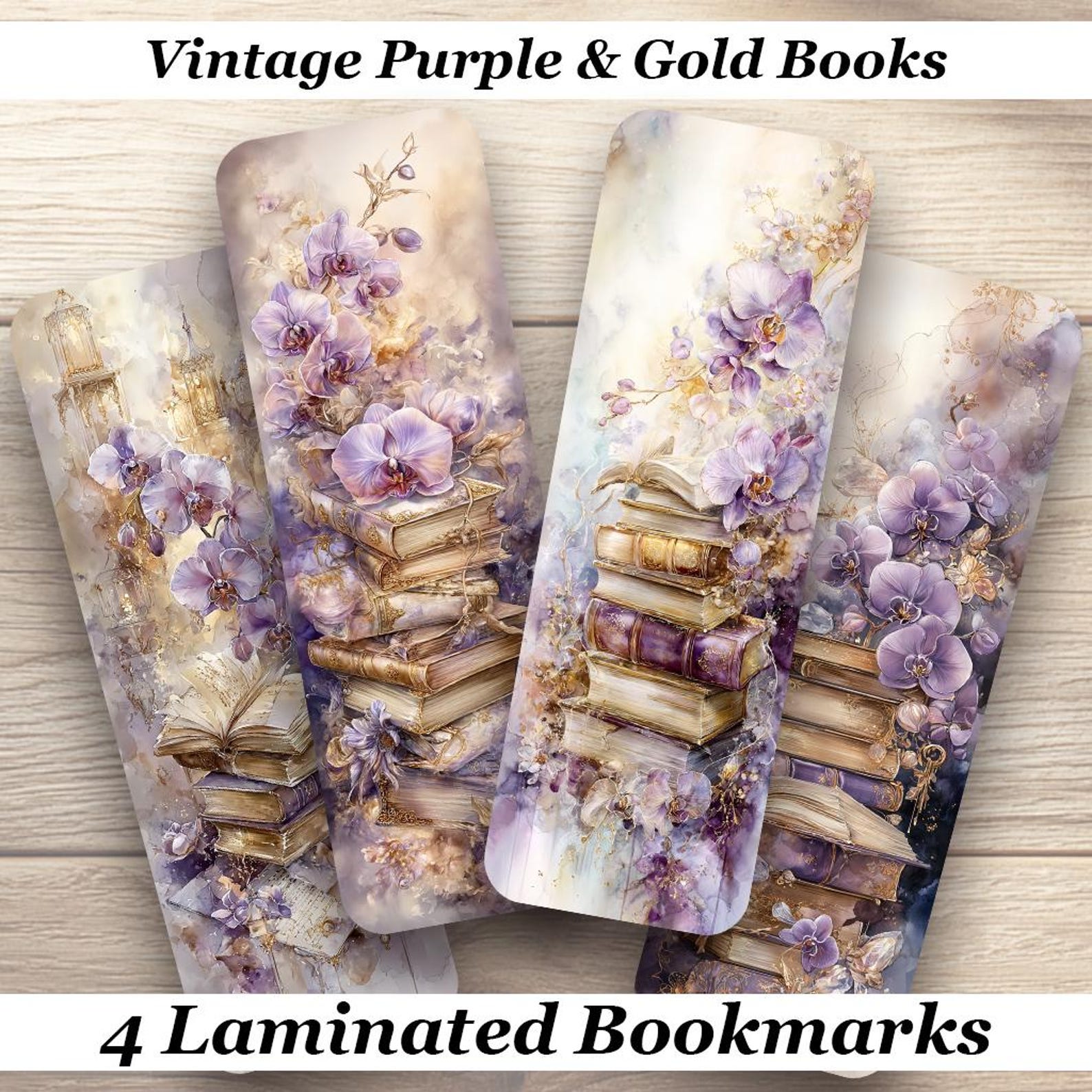 Vintage Purple and Gold Books Laminated Bookmarks. Set of 4 Delightful ...