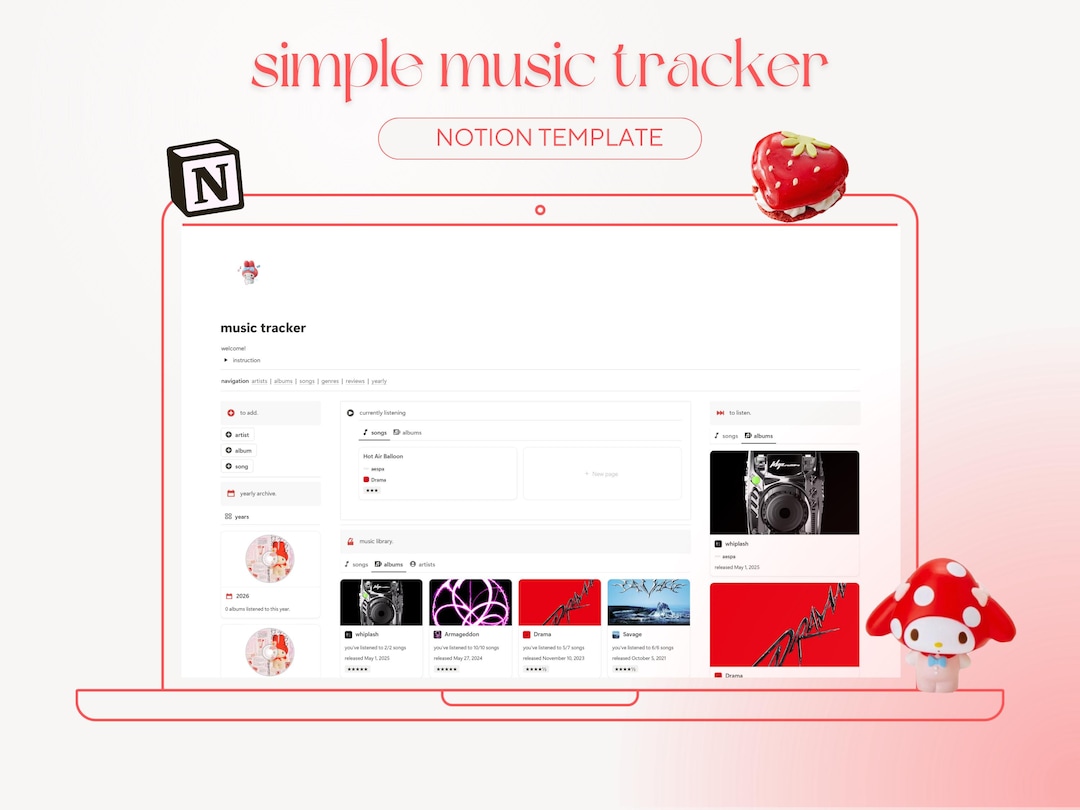 Simple Music Tracker Notion Template | Minimal Song Album & Kpop Log ...