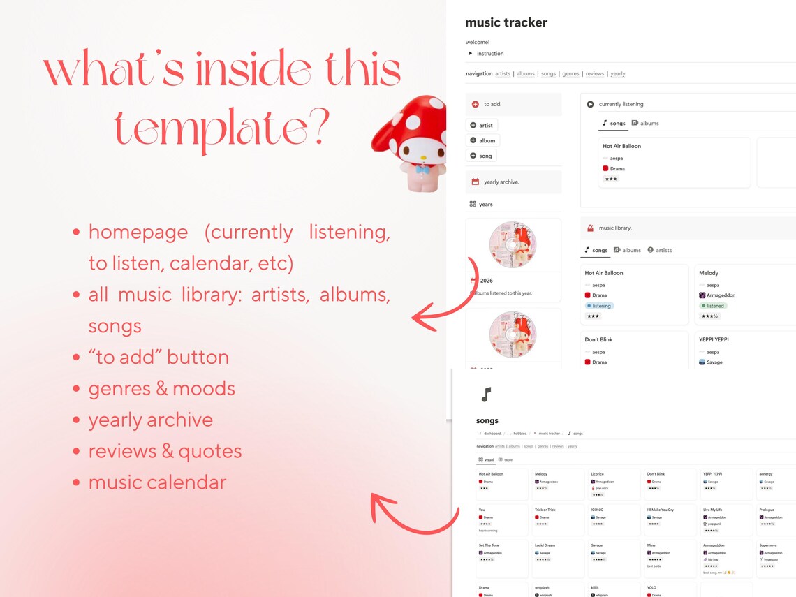 Simple Music Tracker Notion Template | Minimal Song Album & Kpop Log ...