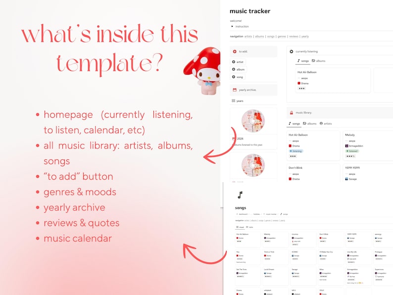Simple Music Tracker Notion Template | Minimal Song Album & Kpop Log ...