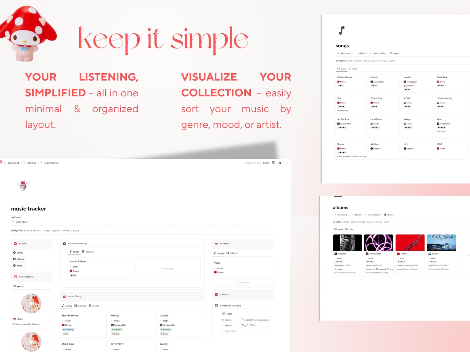Simple Music Tracker Notion Template | Minimal Song Album & Kpop Log ...