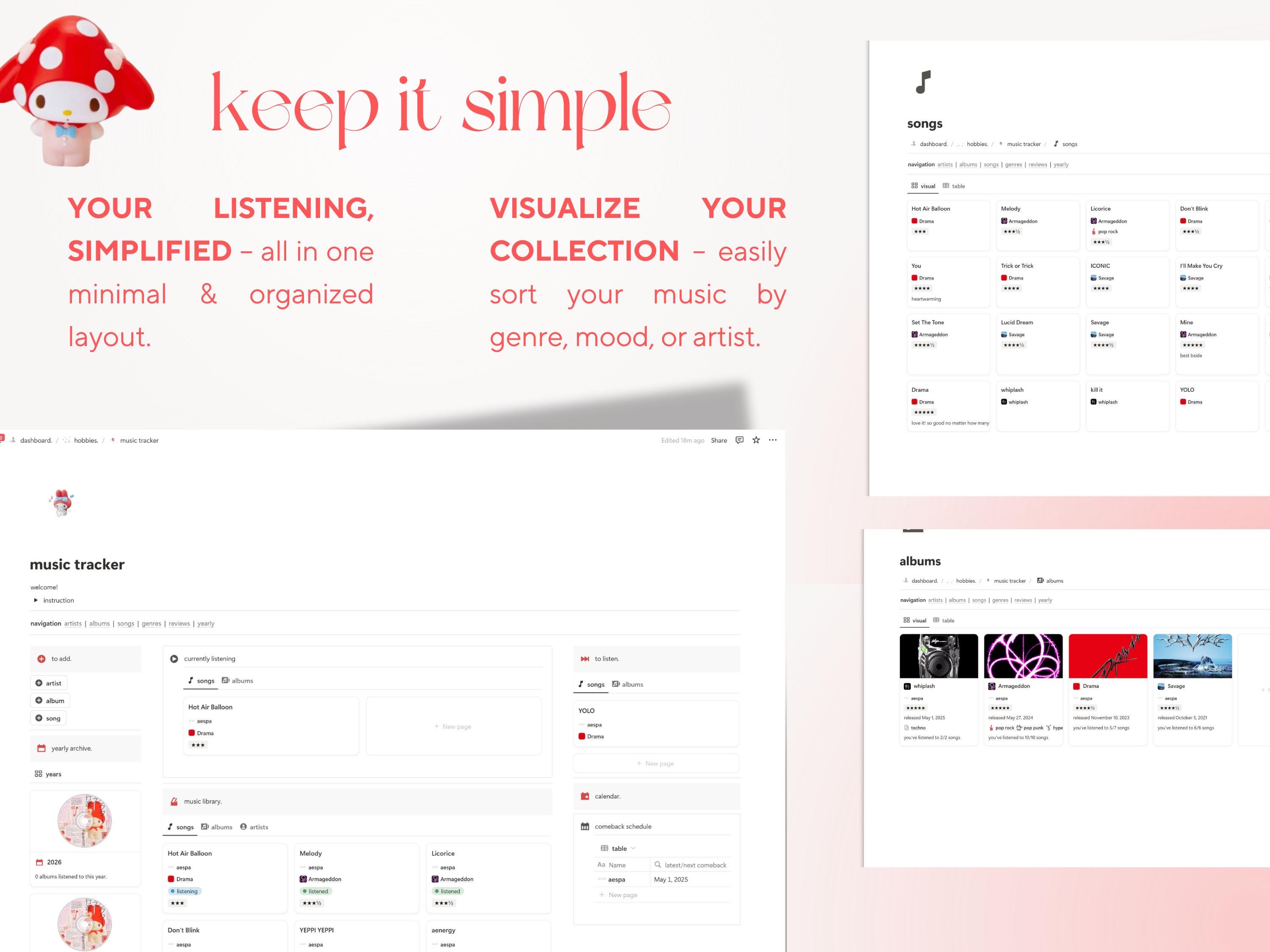 Simple Music Tracker Notion Template | Minimal Song Album & Kpop Log ...