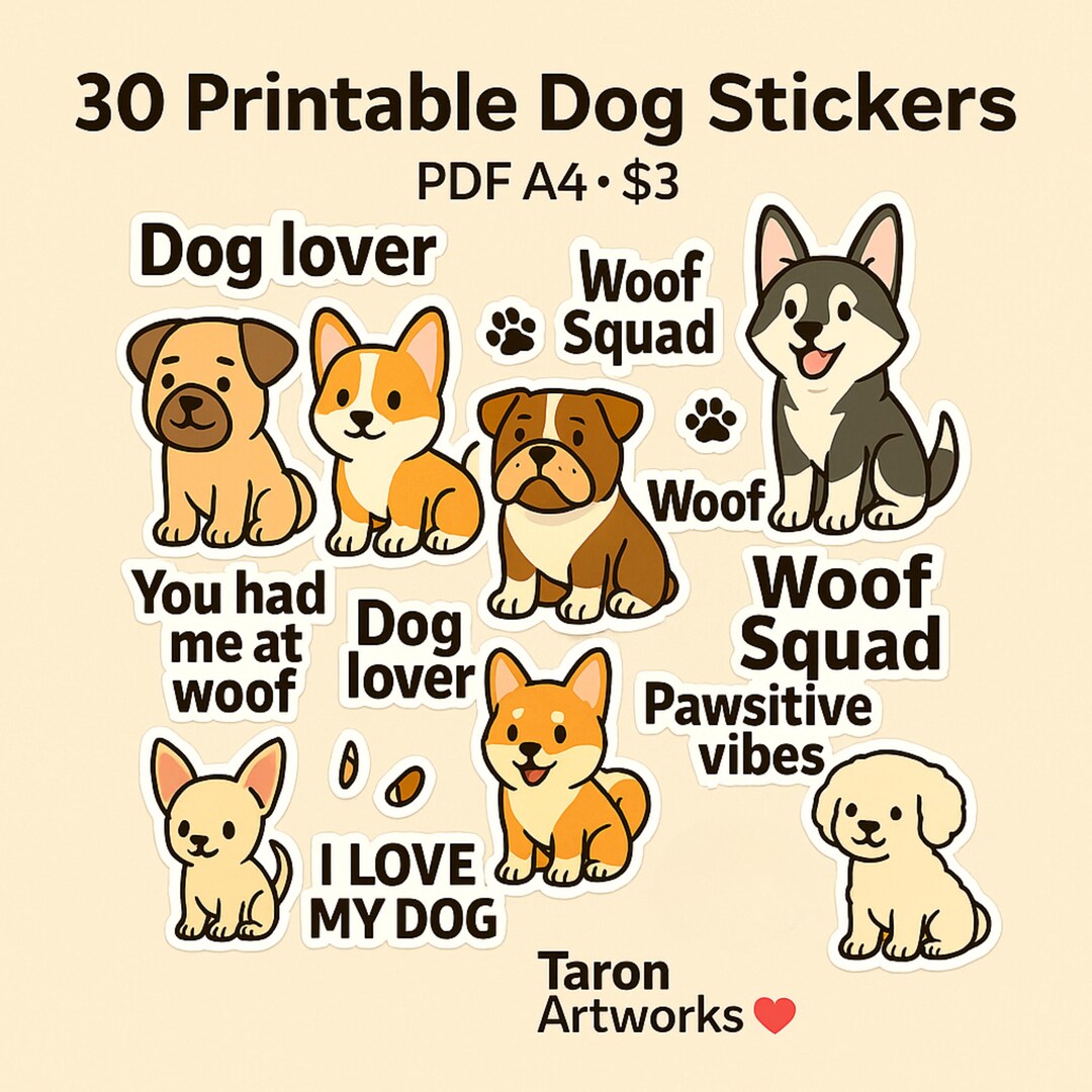 Dog Sticker Pack – US Letter PNG – Printable Puppy Stickers ...