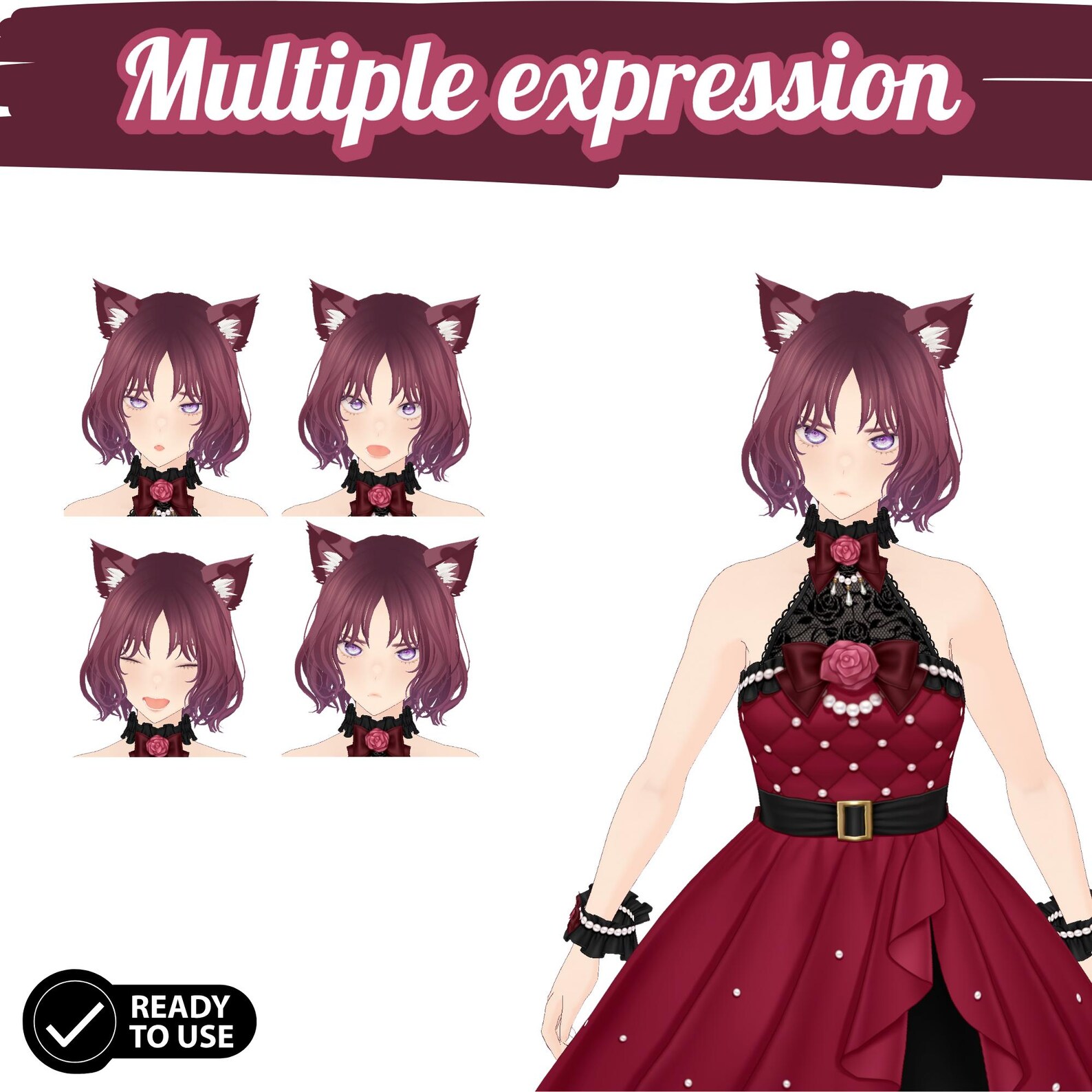 Custom Vtuber Live3d Model Commission | Cute Joyful Girl Avatar – Bordeaux Hair & Red Dress ...