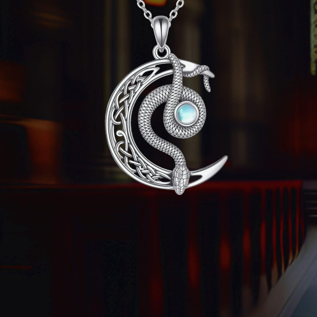 Sterling Silver Celtic Moon Serpent Necklace, Moonstone Amulet - Etsy