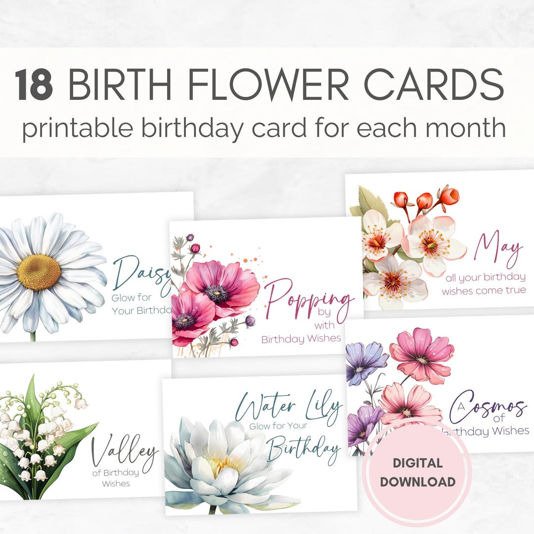 Birth Month Card, Printable Birth Flower Card, Birthmonth Birthday E ...