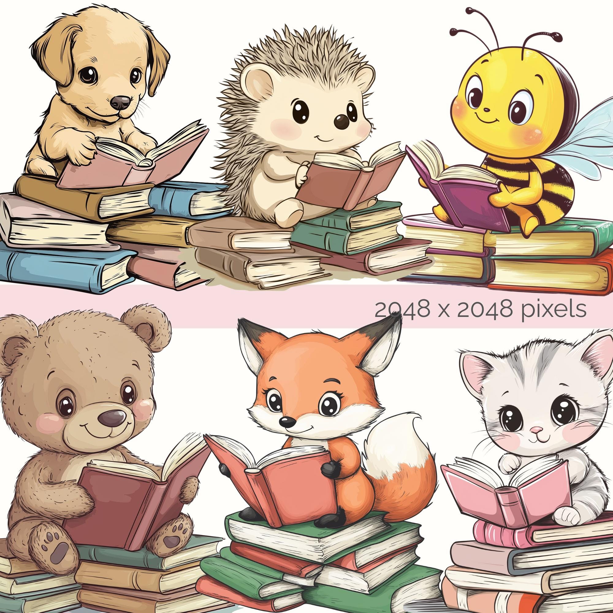 Baby Animals Reading Clipart, Bookish Forest Animal PNG, Cute Book ...