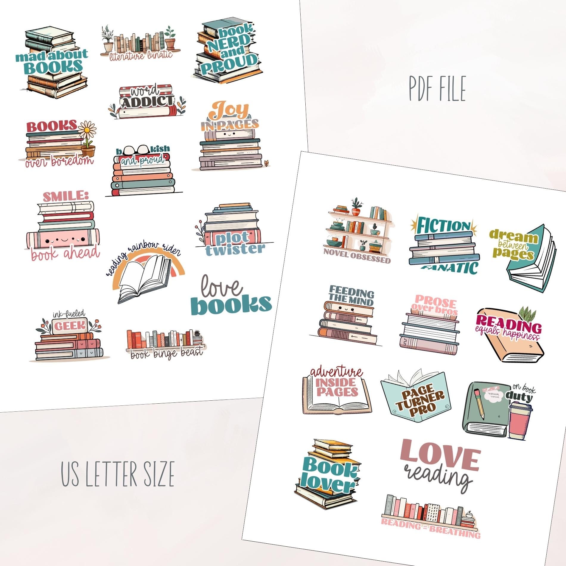 Digital Bookish Stickers, Printable Love Reading Sticker Sheet, Books ...