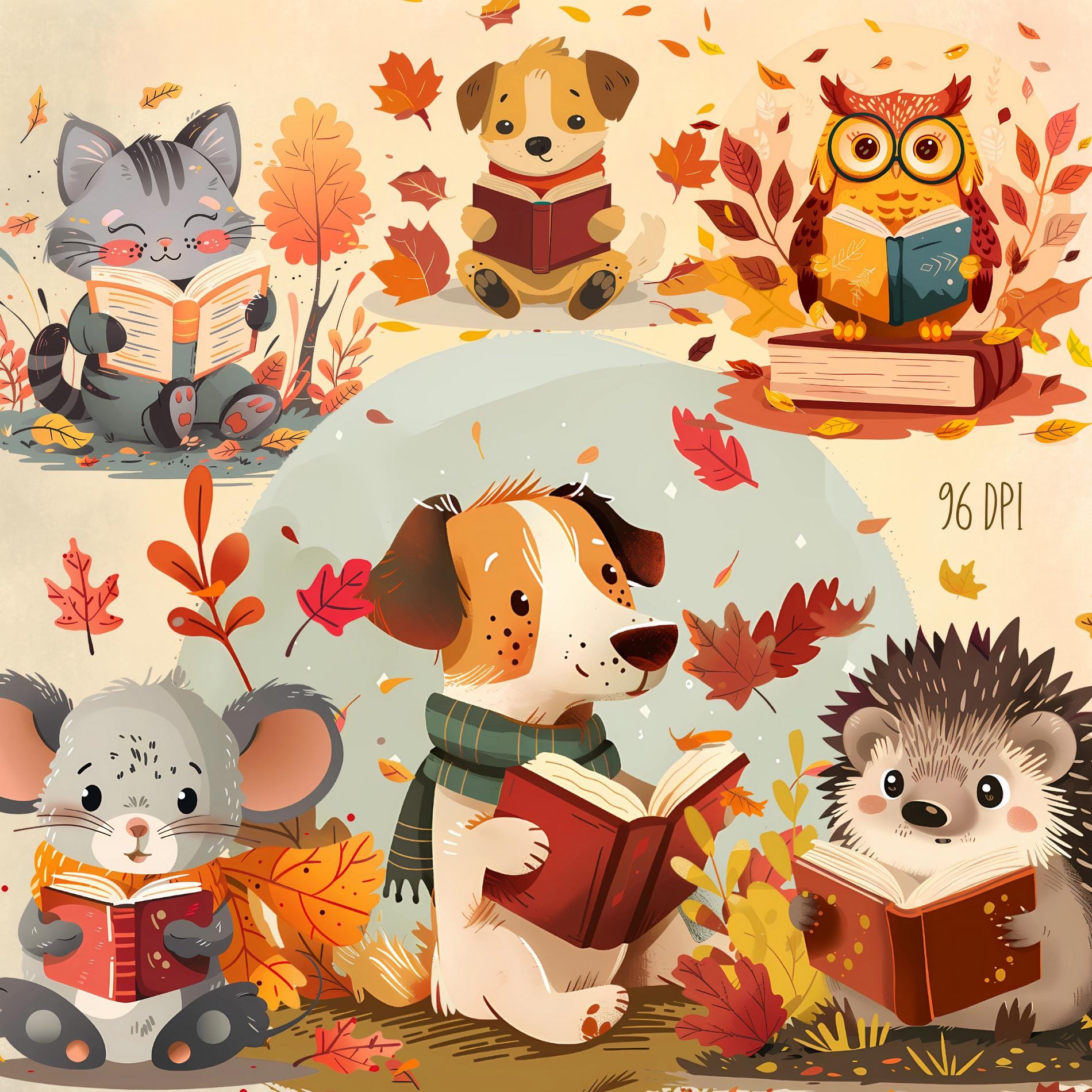 Cute Animals Reading Clipart, Autumn Bookish Animal Clip Art, Cozy Fall ...