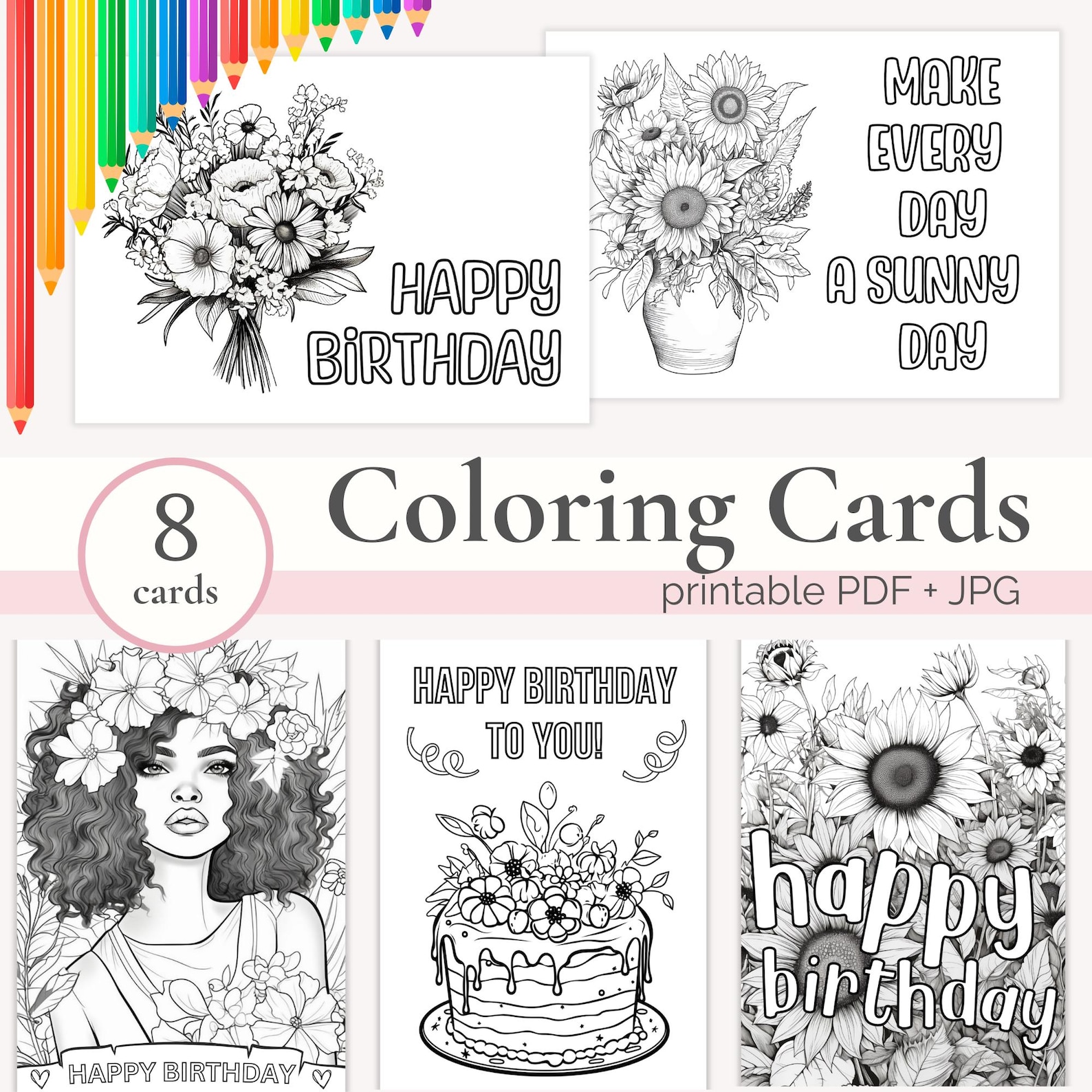 Printable Coloring Happy Birthday Cards for Adults, Digital Colouring ...