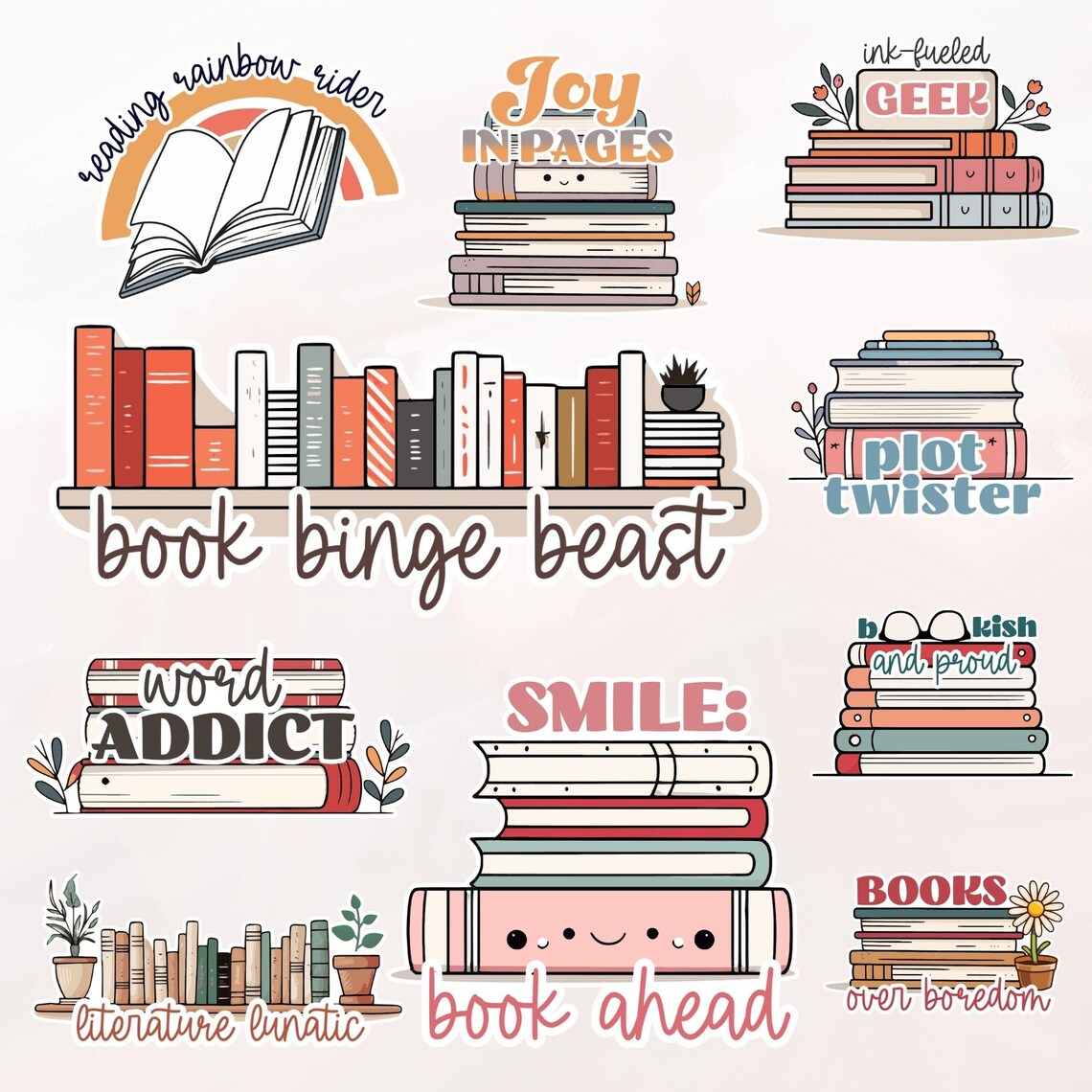 Digital Bookish Stickers, Printable Love Reading Sticker Sheet, Books ...