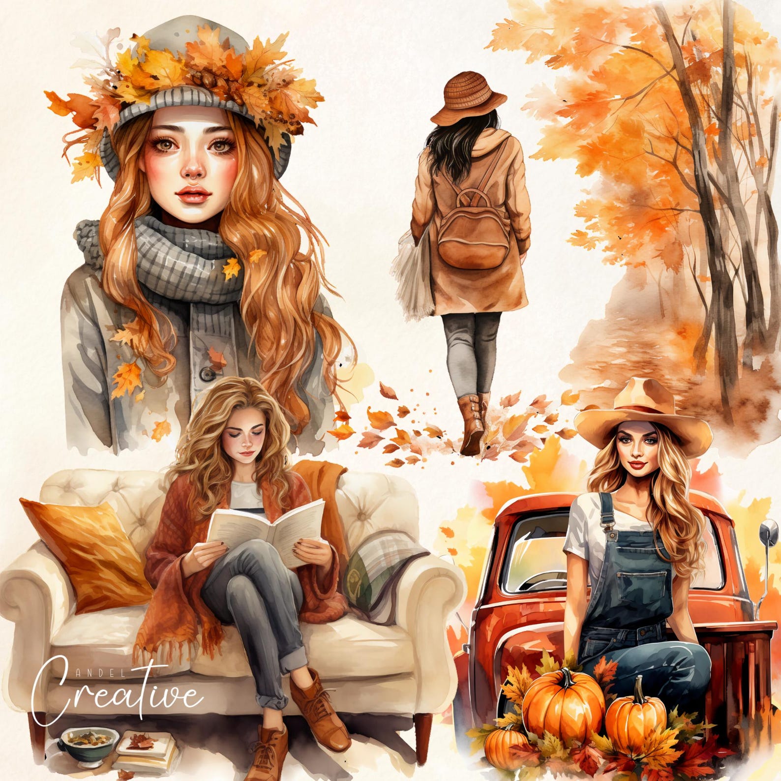 Watercolor Autumn Girl Clipart, Cozy Fall Woman PNG, Reading Scene Clip ...