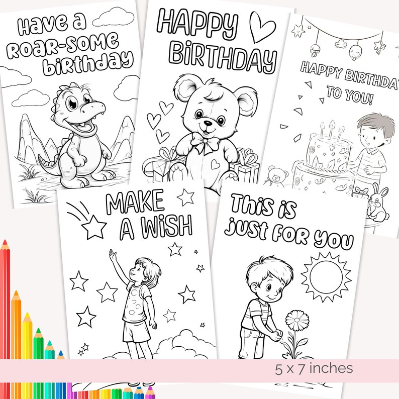 Printable Coloring Happy Birthday Cards for Kids, Digital Colouring ...