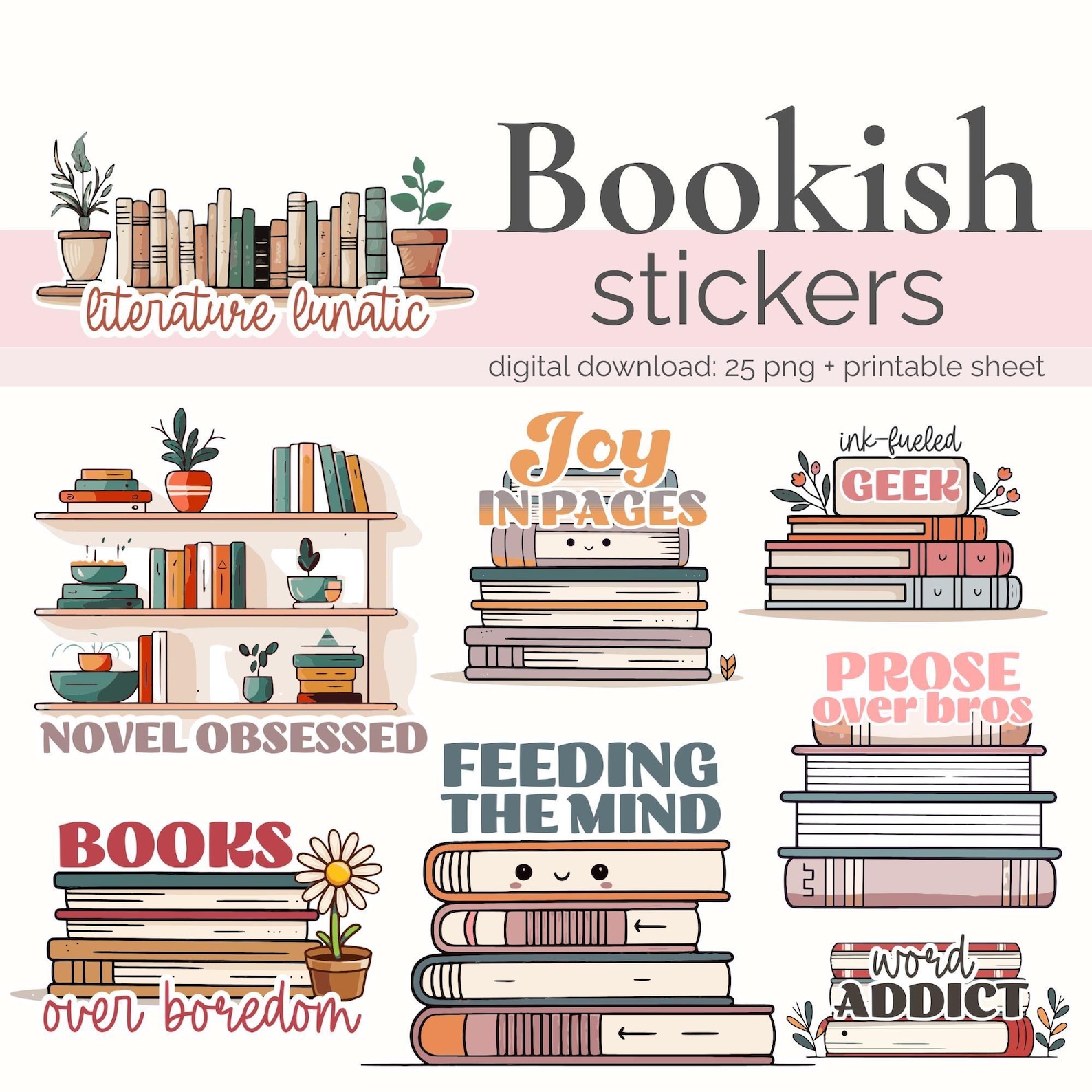 Digital Bookish Stickers, Printable Love Reading Sticker Sheet, Books ...