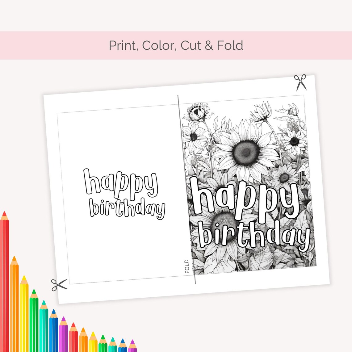 Printable Coloring Happy Birthday Cards for Adults, Digital Colouring ...