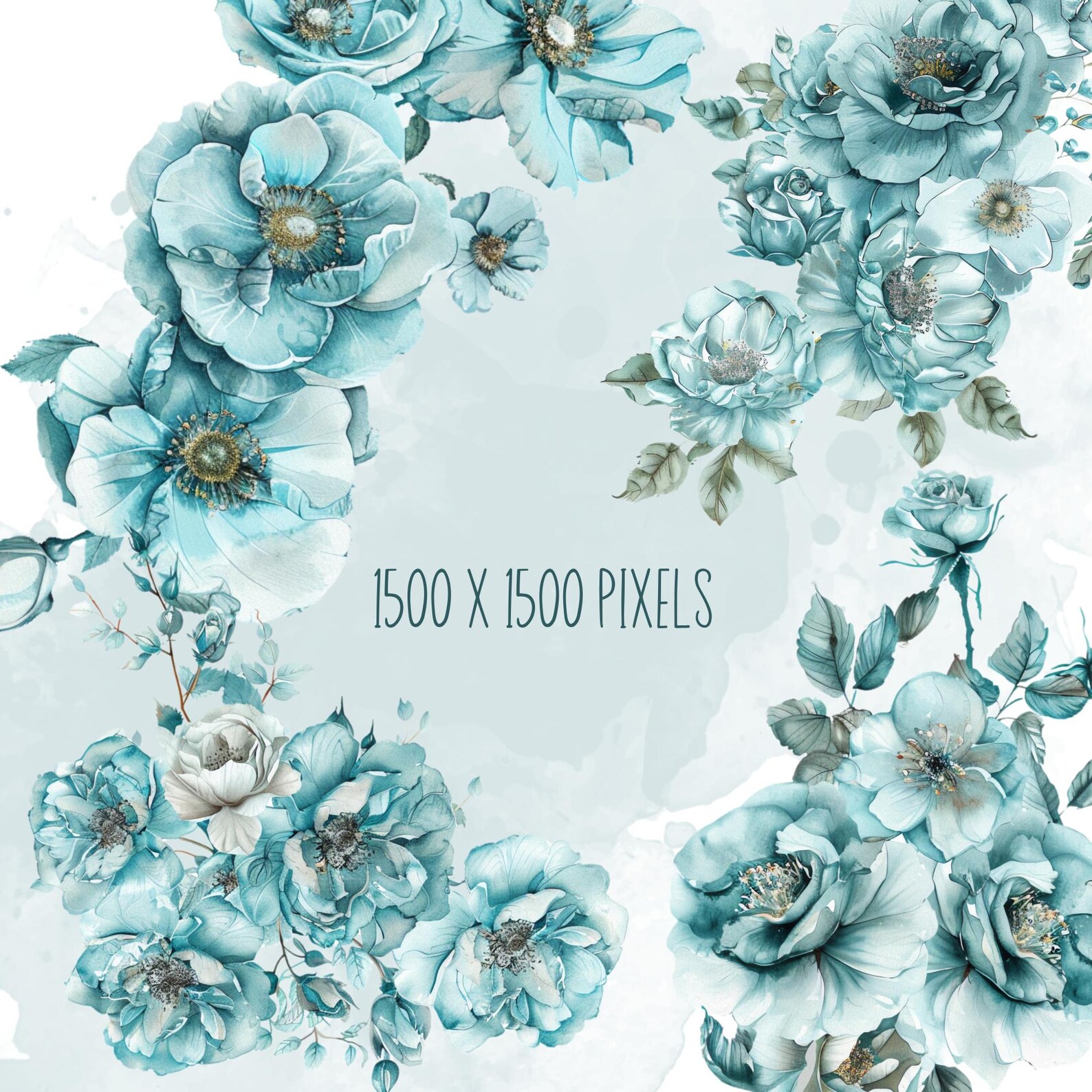 Teal Roses Clipart, Blue Rose PNG, Wild Flowers Border, Floral Bouquet ...