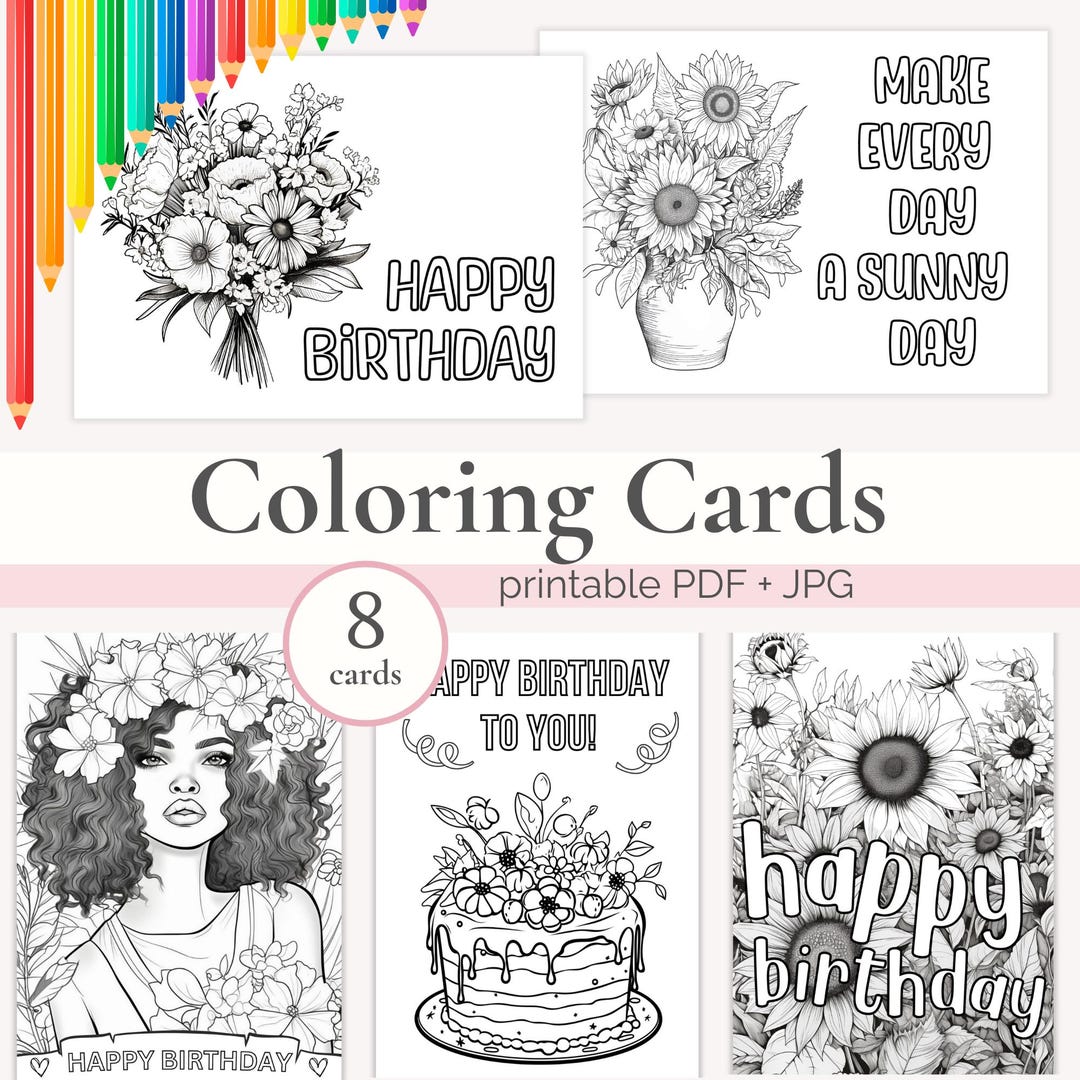Printable Coloring Happy Birthday Cards for Adults, Digital Colouring ...