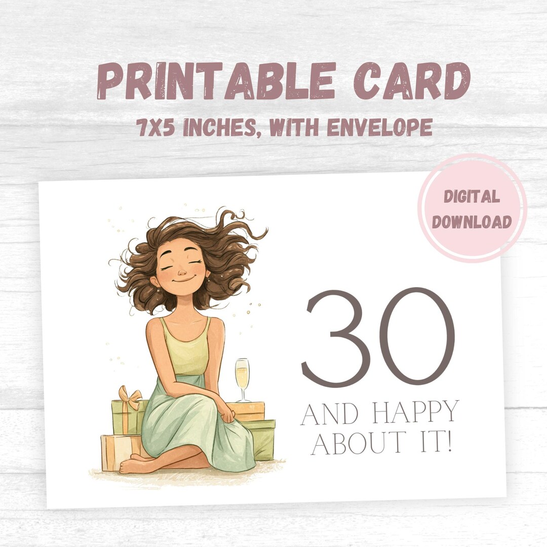 Printable 30th Birthday Card, Digital Thirty Birthday Card for Her ...