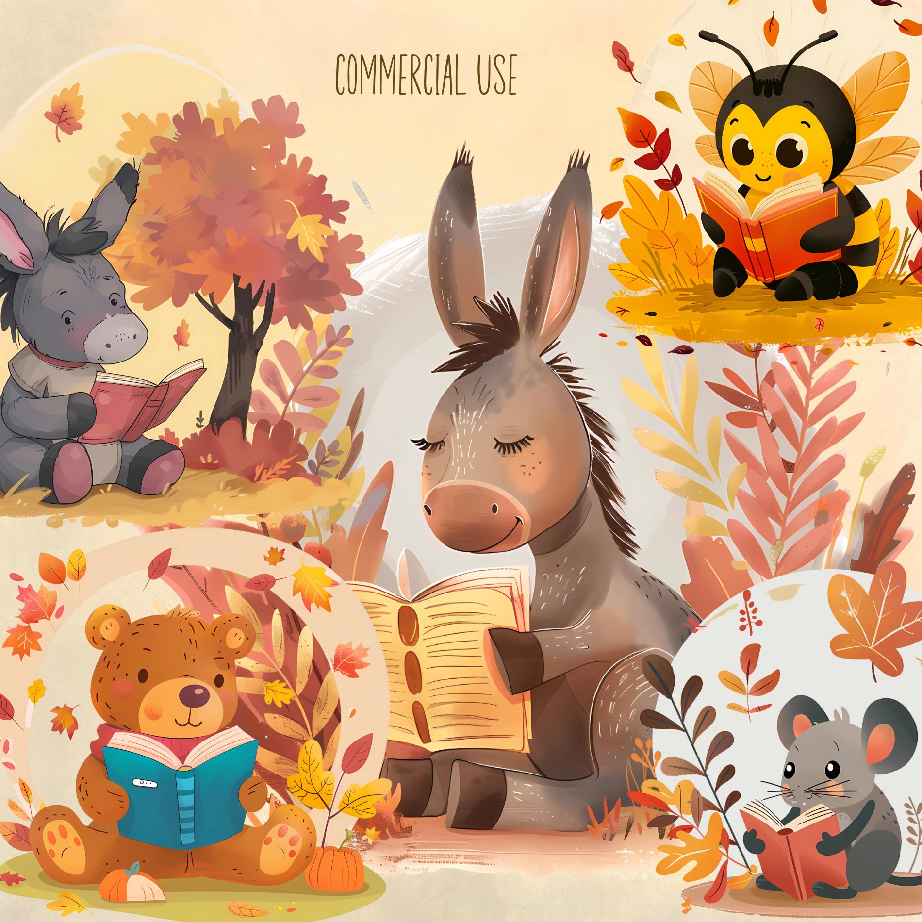 Cute Animals Reading Clipart, Autumn Bookish Animal Clip Art, Cozy Fall ...