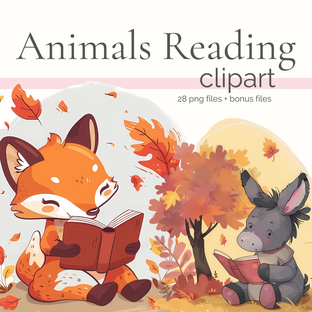 Cute Animals Reading Clipart, Autumn Bookish Animal Clip Art, Cozy Fall ...