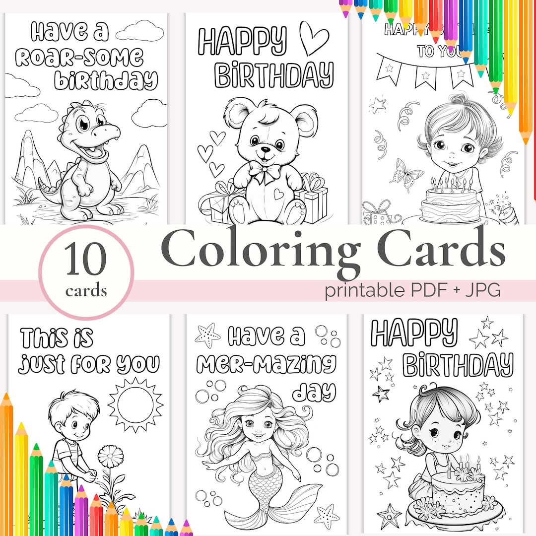 Printable Coloring Happy Birthday Cards for Kids, Digital Colouring ...