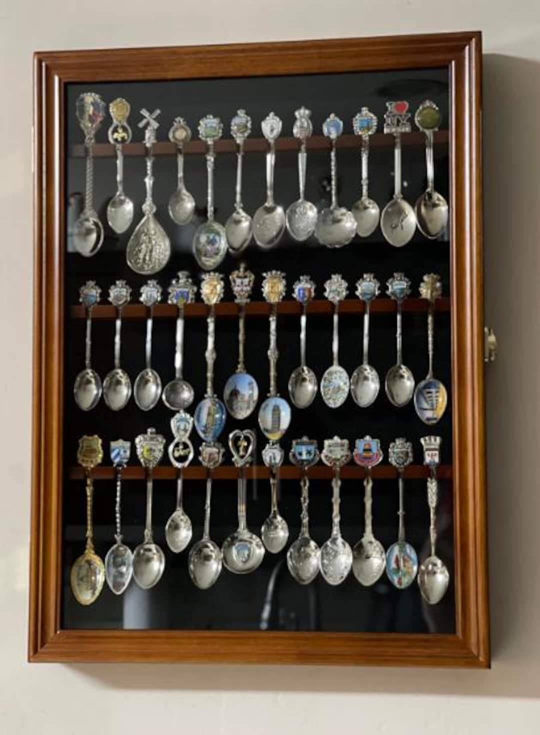 Wall Mounted Teaspoon Display Case: Walnut Finish, Glass Door - Holds ...