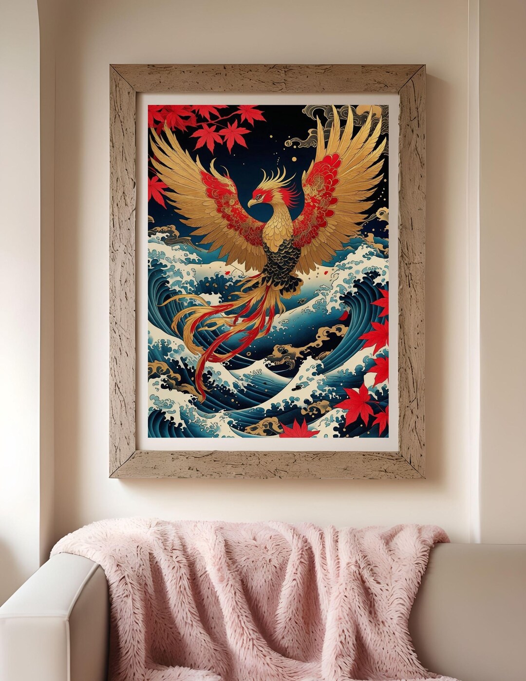 Japanese Phoenix Art Print: Maximalist Gold, Red, Teal Decor (digital ...