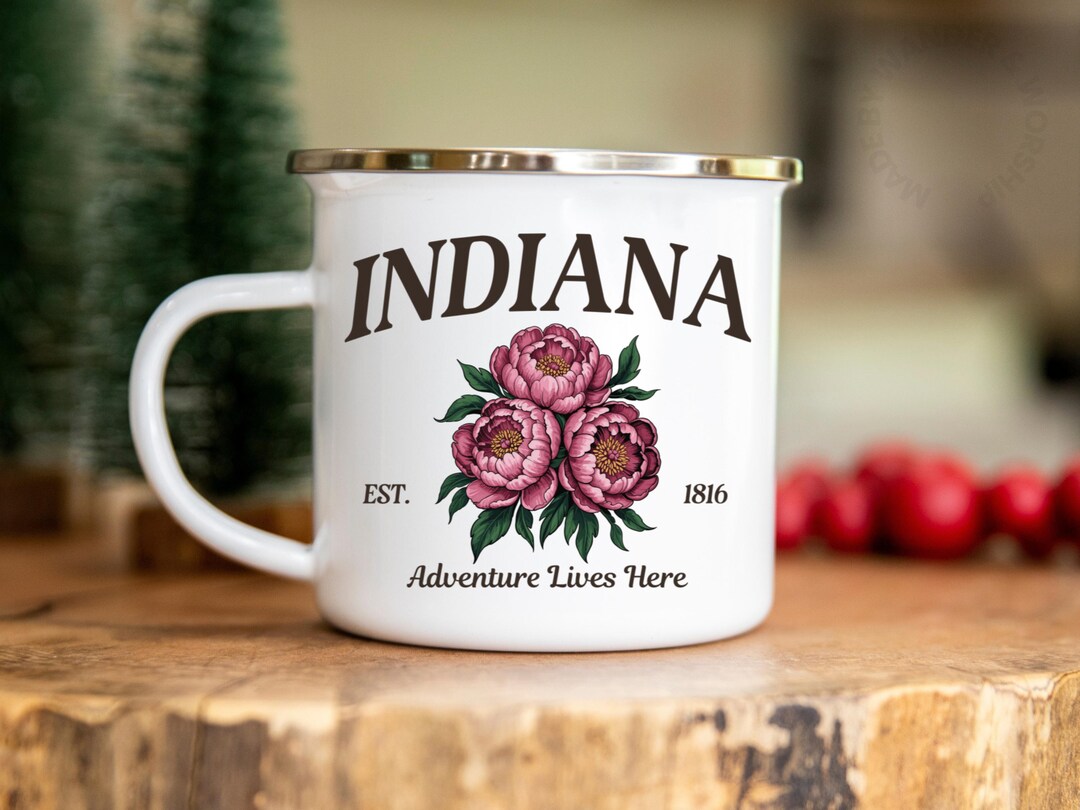 Indiana Peony Enamel Mug, Vintage State Travel Camping Mug, Road Trip ...