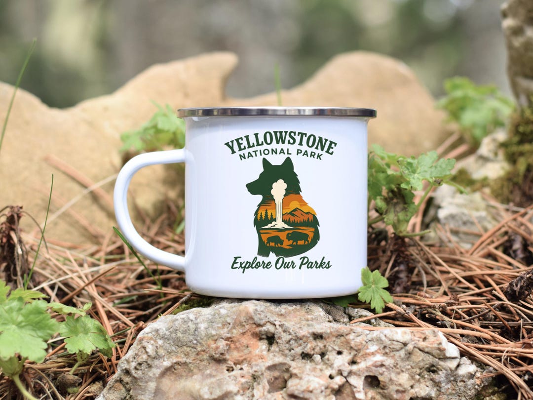 Yellowstone National Park Enamel Camping Mug, Bison Wolf Design - Etsy