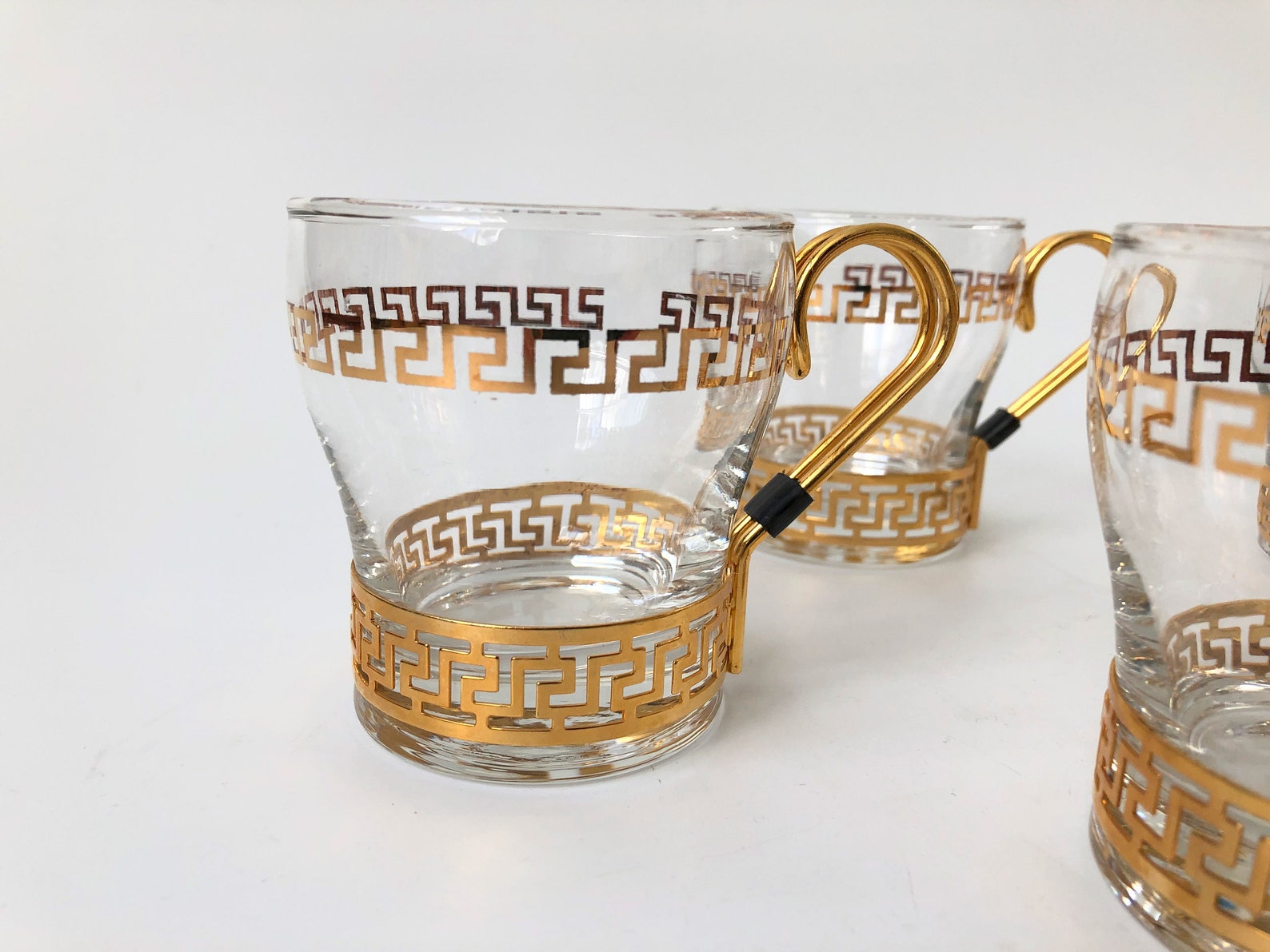 Glass Mugs With Brass Holders Greek Key Design Set of 4 - Etsy