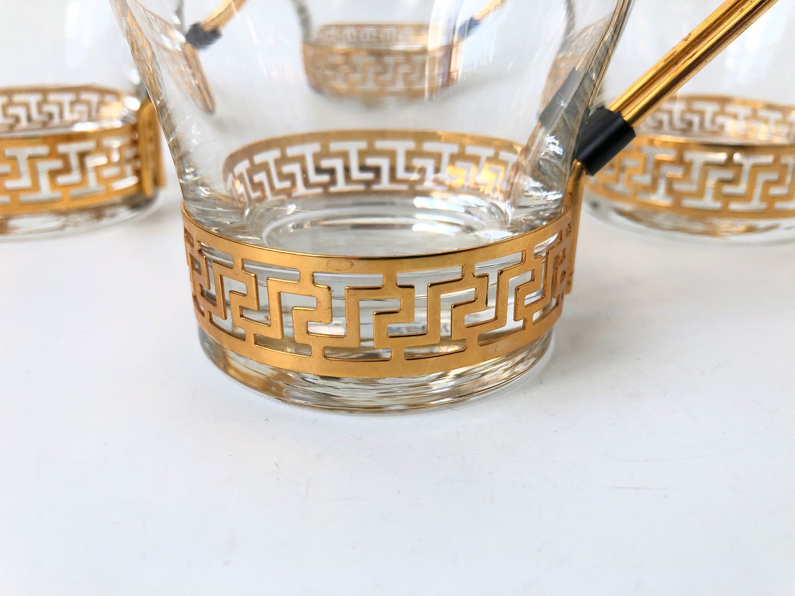 Glass Mugs With Brass Holders Greek Key Design Set of 4 - Etsy