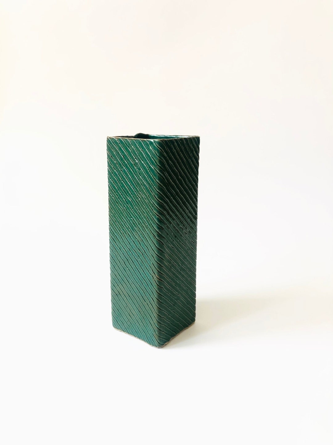 Green Studio Pottery Vase Carved Rectangular Design - Etsy UK