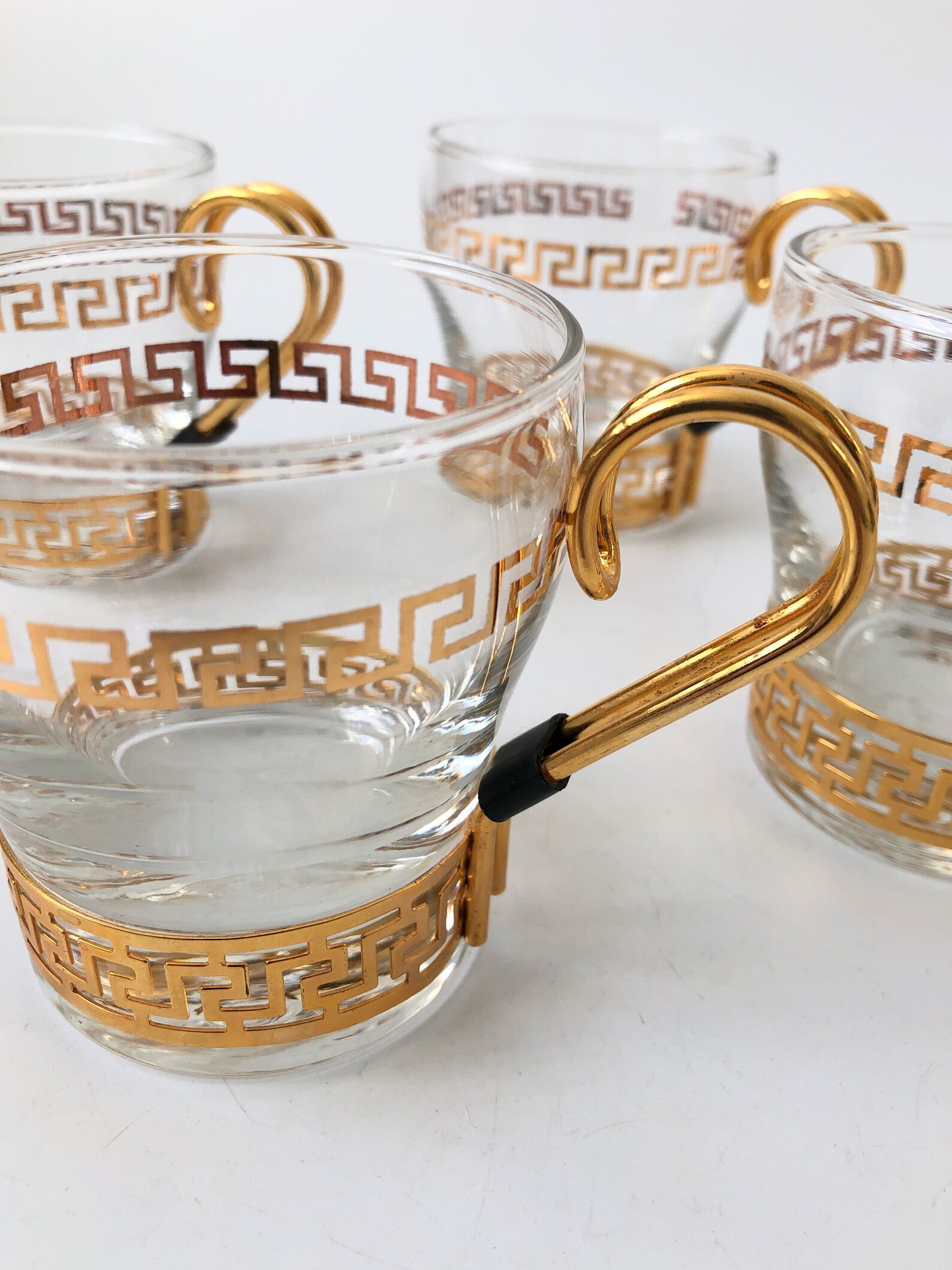 Glass Mugs With Brass Holders Greek Key Design Set of 4 - Etsy
