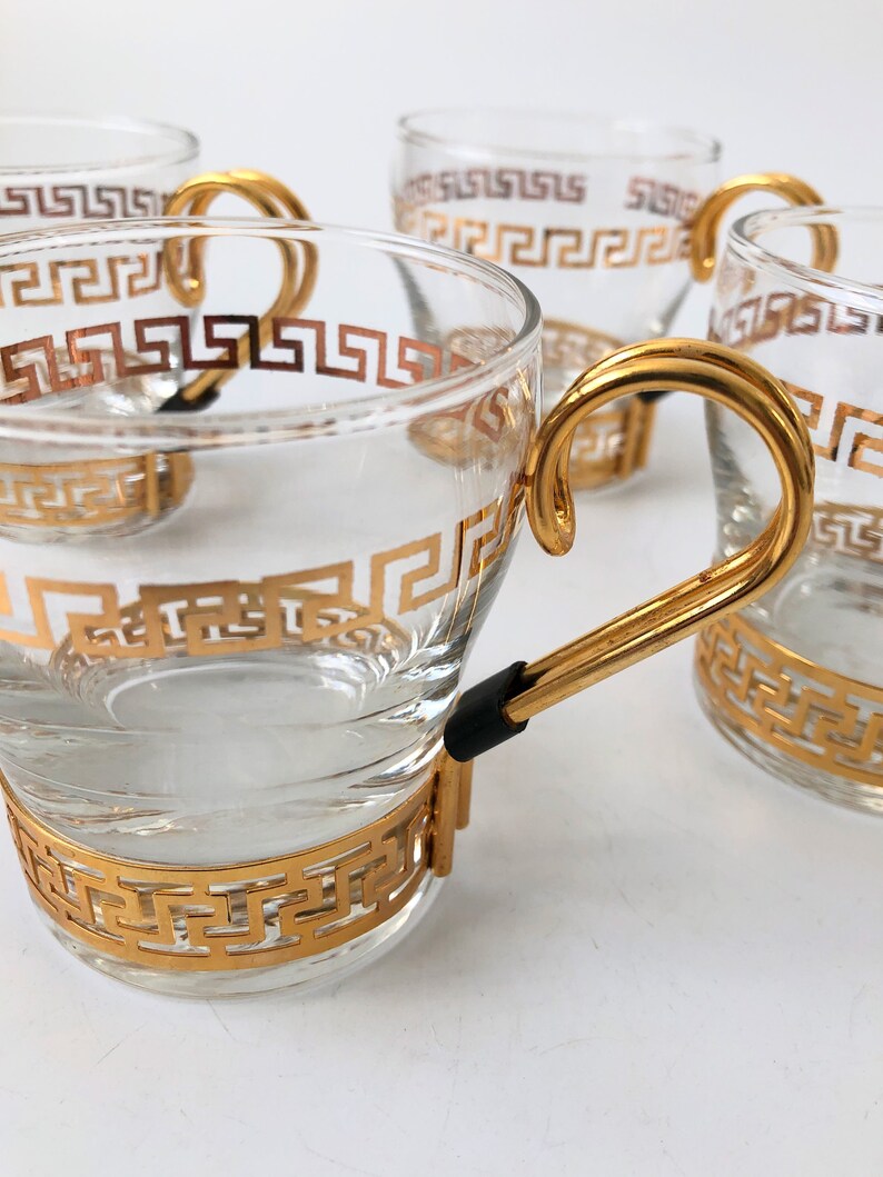 Glass Mugs With Brass Holders Greek Key Design Set of 4 - Etsy