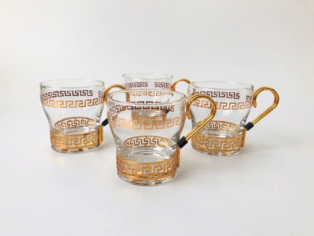 Glass Mugs With Brass Holders - Greek Key Design - Set of 4 - Etsy