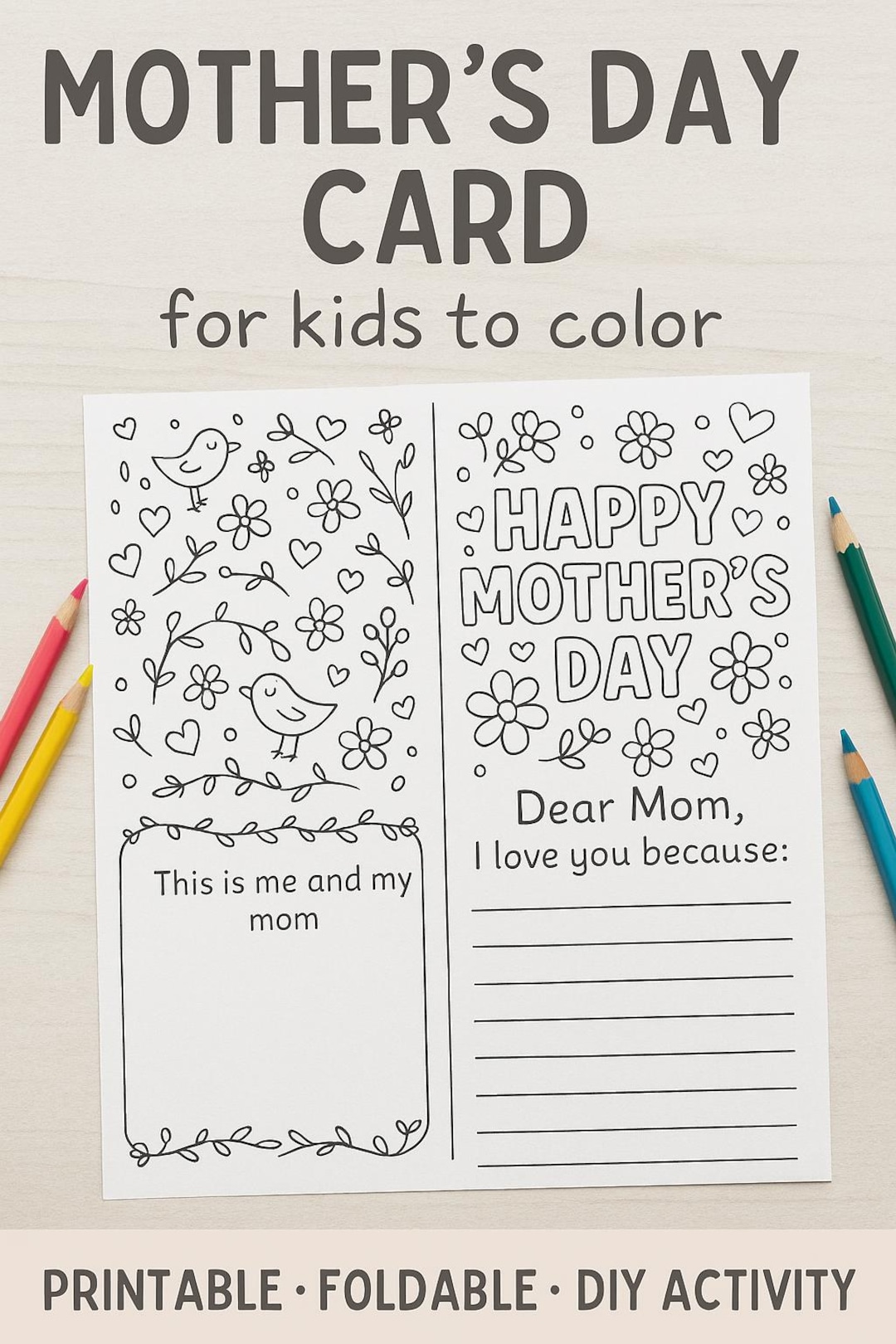 Mother’s Day Card for Kids to Color | Printable Foldable Card | DIY ...