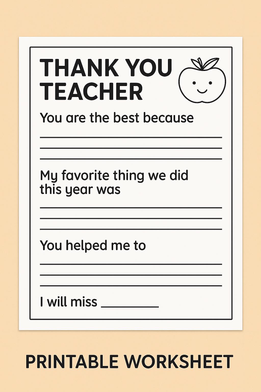 Thank You Teacher Printable Worksheet – End of Year Gift From Kids ...