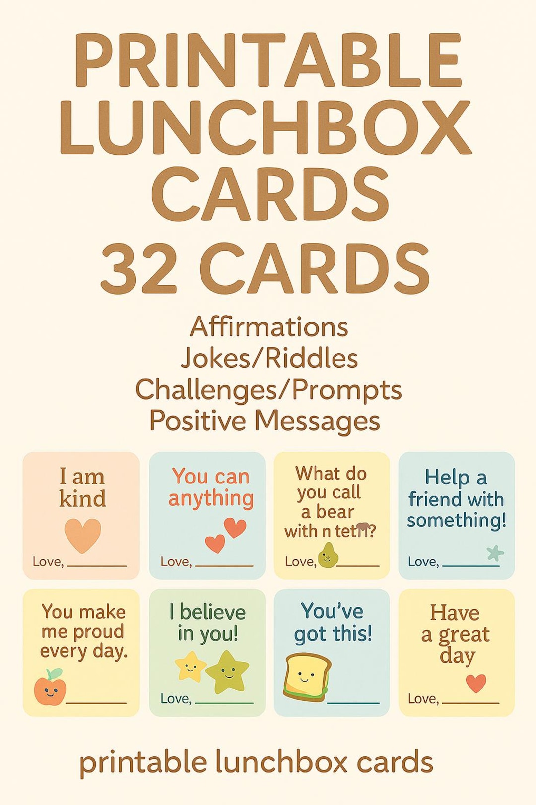 Printable Lunchbox Notes for Kids – 32 Cards With Jokes, Affirmations ...