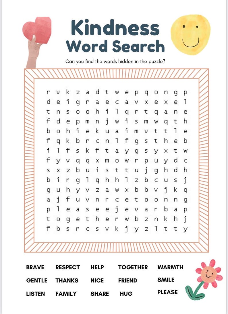 Kindness Word Search for Kids – Printable Activity | Positive Words ...