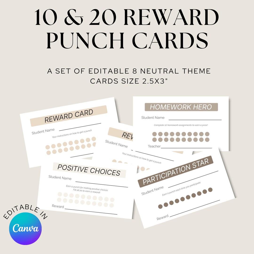 Editable Neutral Punch Cards Printable | 10 and 20 Hole Reward | Boho ...